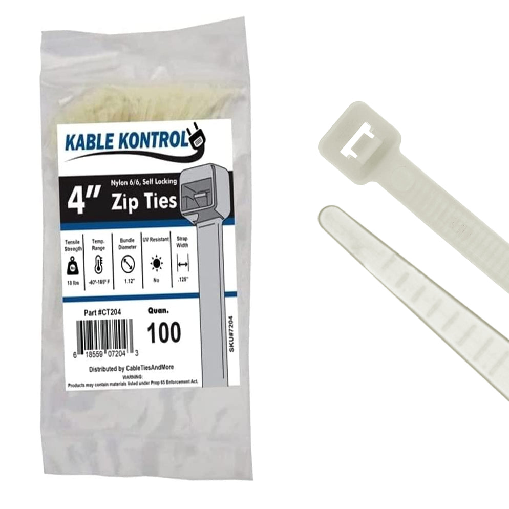 4" Natural Nylon Zip Ties -18 Lbs Tensile Strength - 100 pcs ...