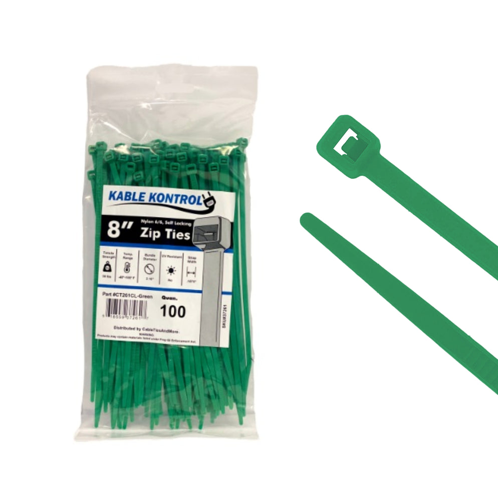 8 Inch Nylon Zip Ties - 50 Lbs Tensile Strength - Green - 100 Pcs ...